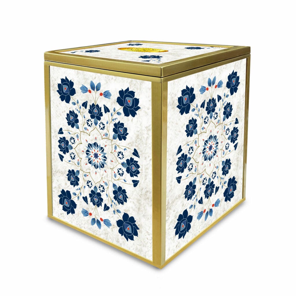 Memorial container - Blue flowers on white marble background
